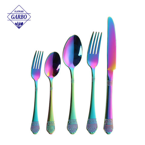 Factory Vintage Pattern Embossed Handle Rainbow Color Cutlery Set ...